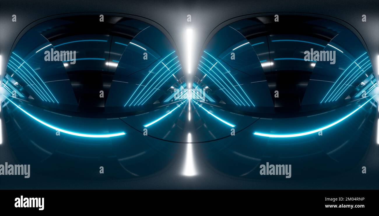 Dark tunnel with glowing light illuminated, 3d rendering. 360-degree ...