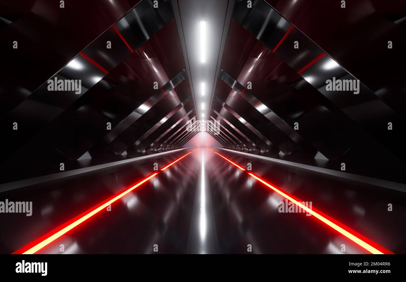 Dark tunnel with glowing light illuminated, 3d rendering. Digital ...