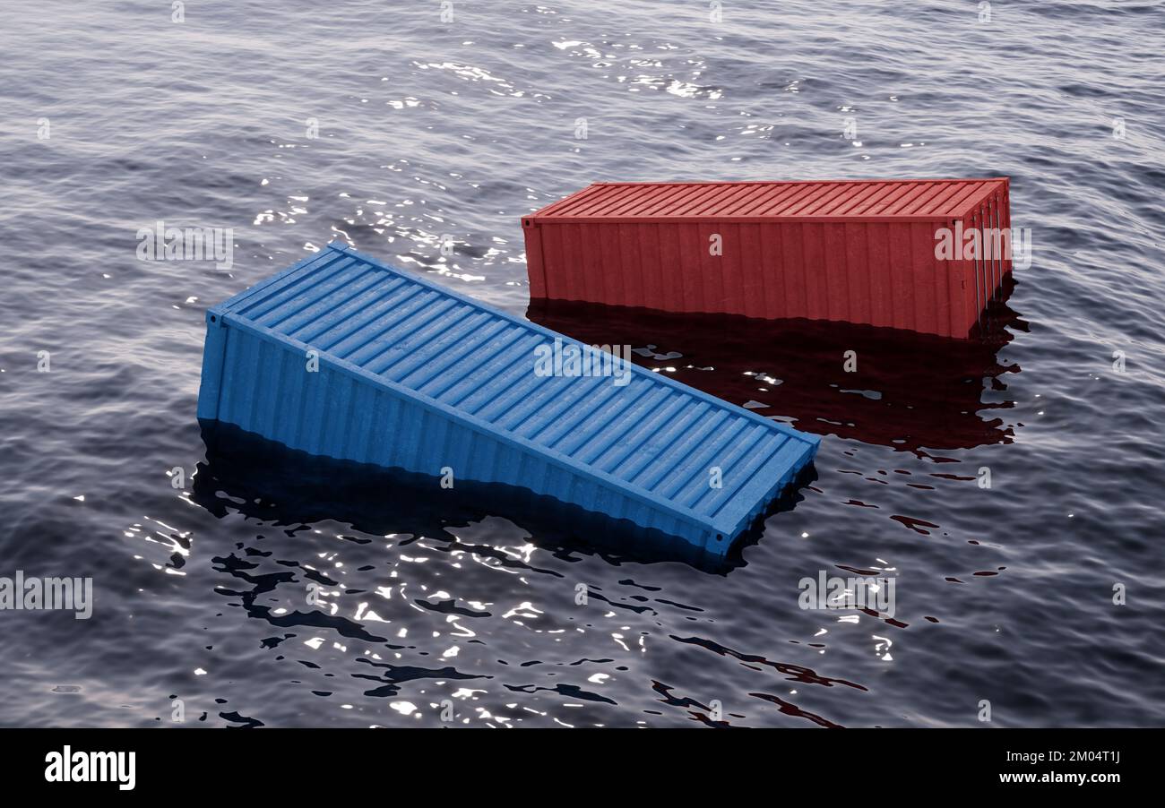 Cargo container floating in the ocean , 3d rendering. Digital drawing ...