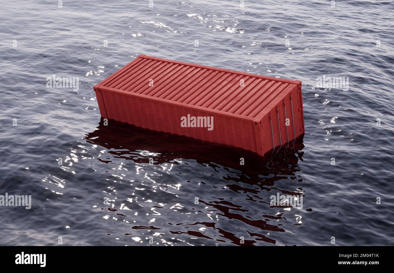 Cargo container floating in the ocean , 3d rendering. Digital drawing ...