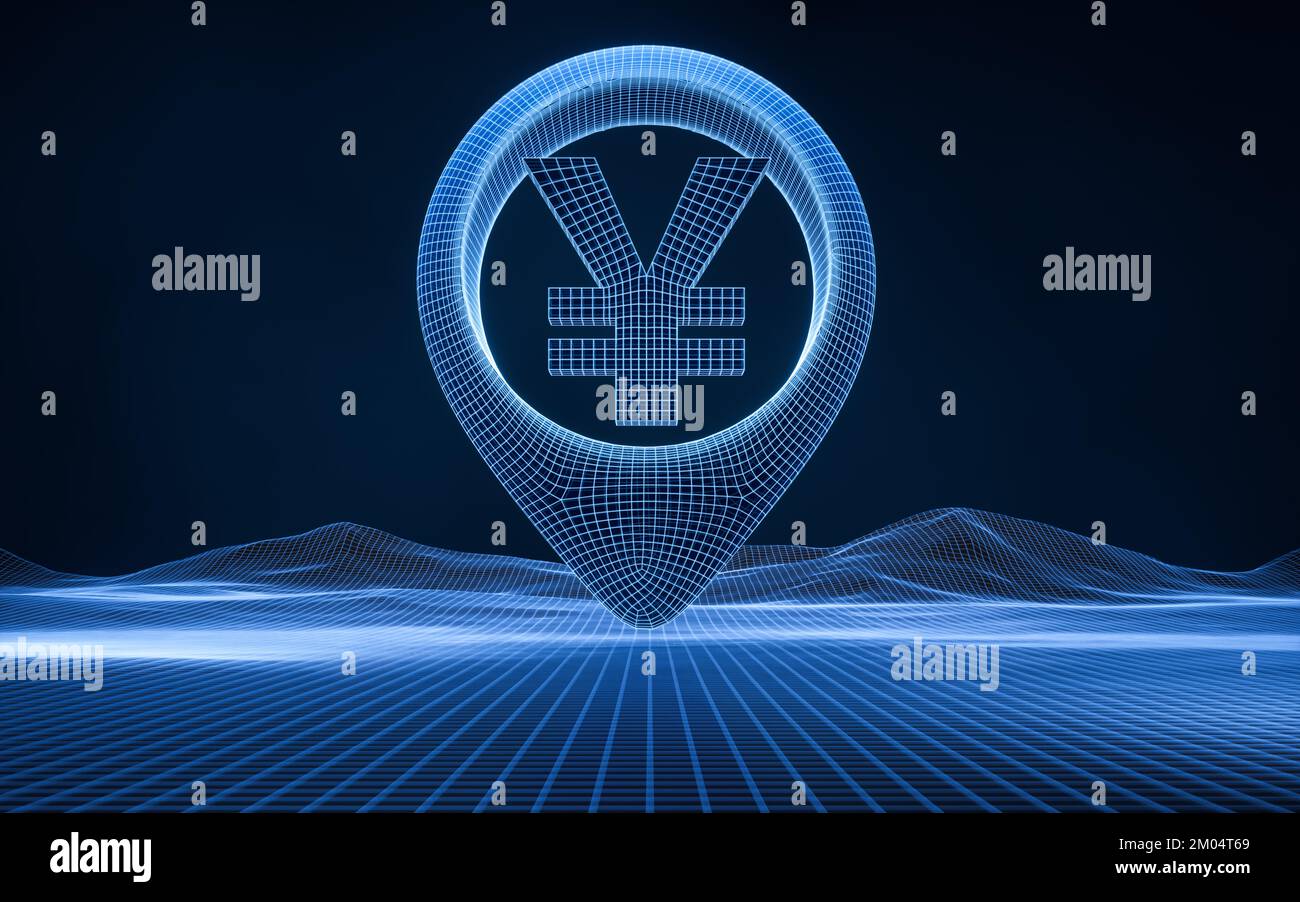 RMB Money sign with blue digital lines structure, 3d rendering. Digital ...