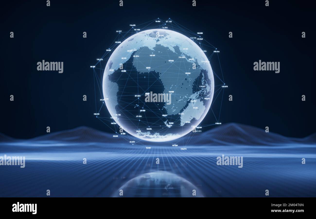 Digital earth sphere with blue technology structure, 3d rendering ...