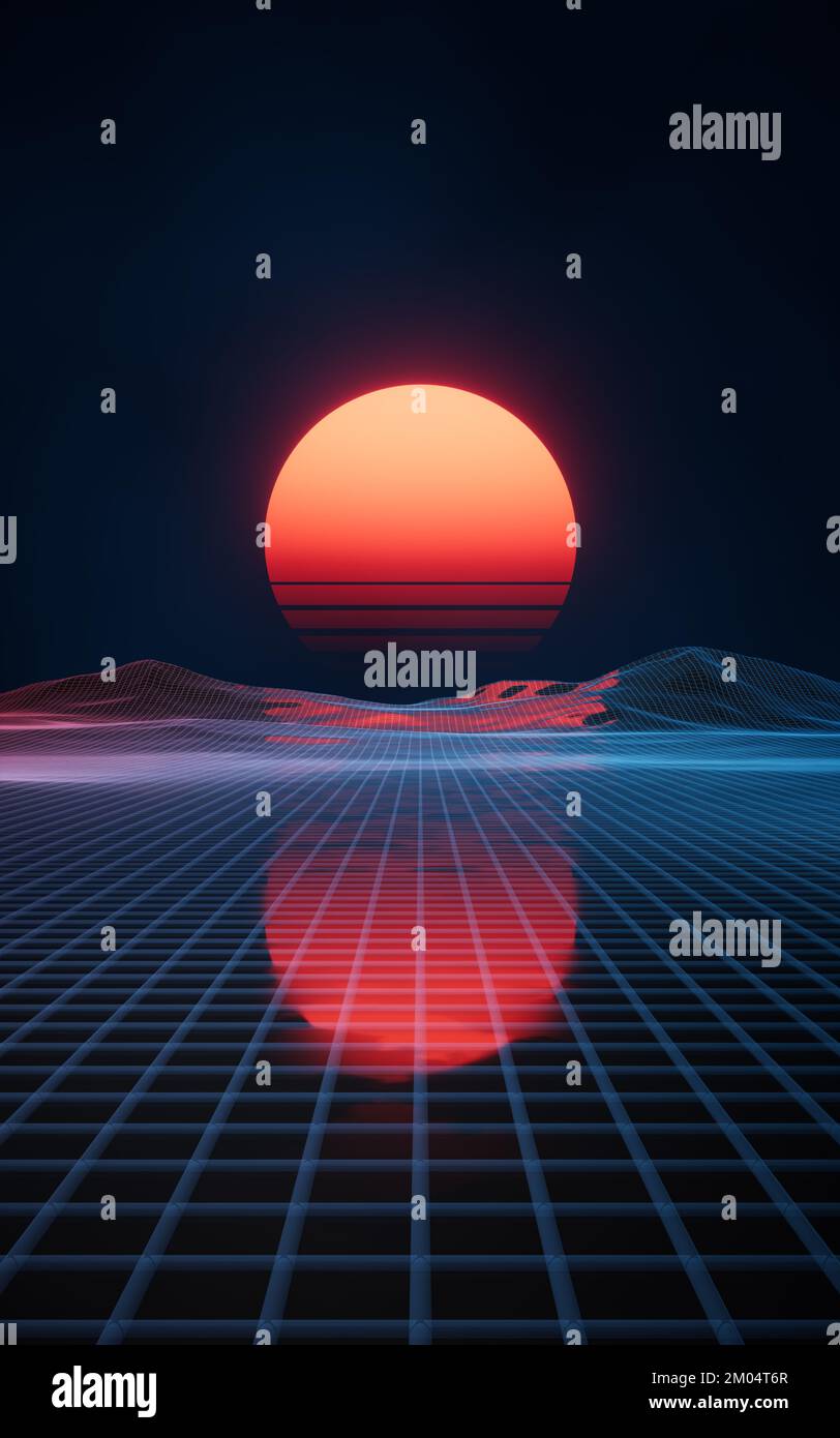 Digital space and sunset with retro style, 3d rendering. Digital ...