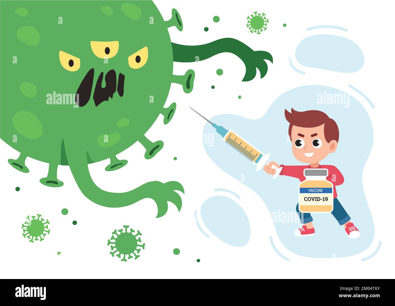 Vaccinated boy fighting the coronavirus monster. Vector illustration of ...