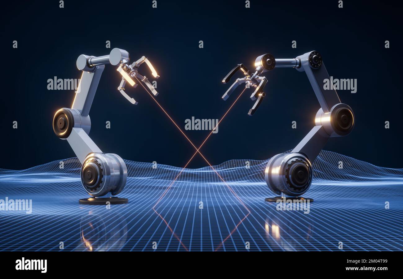 Mechanical arm and digital grid space, 3d rendering. Digital drawing ...