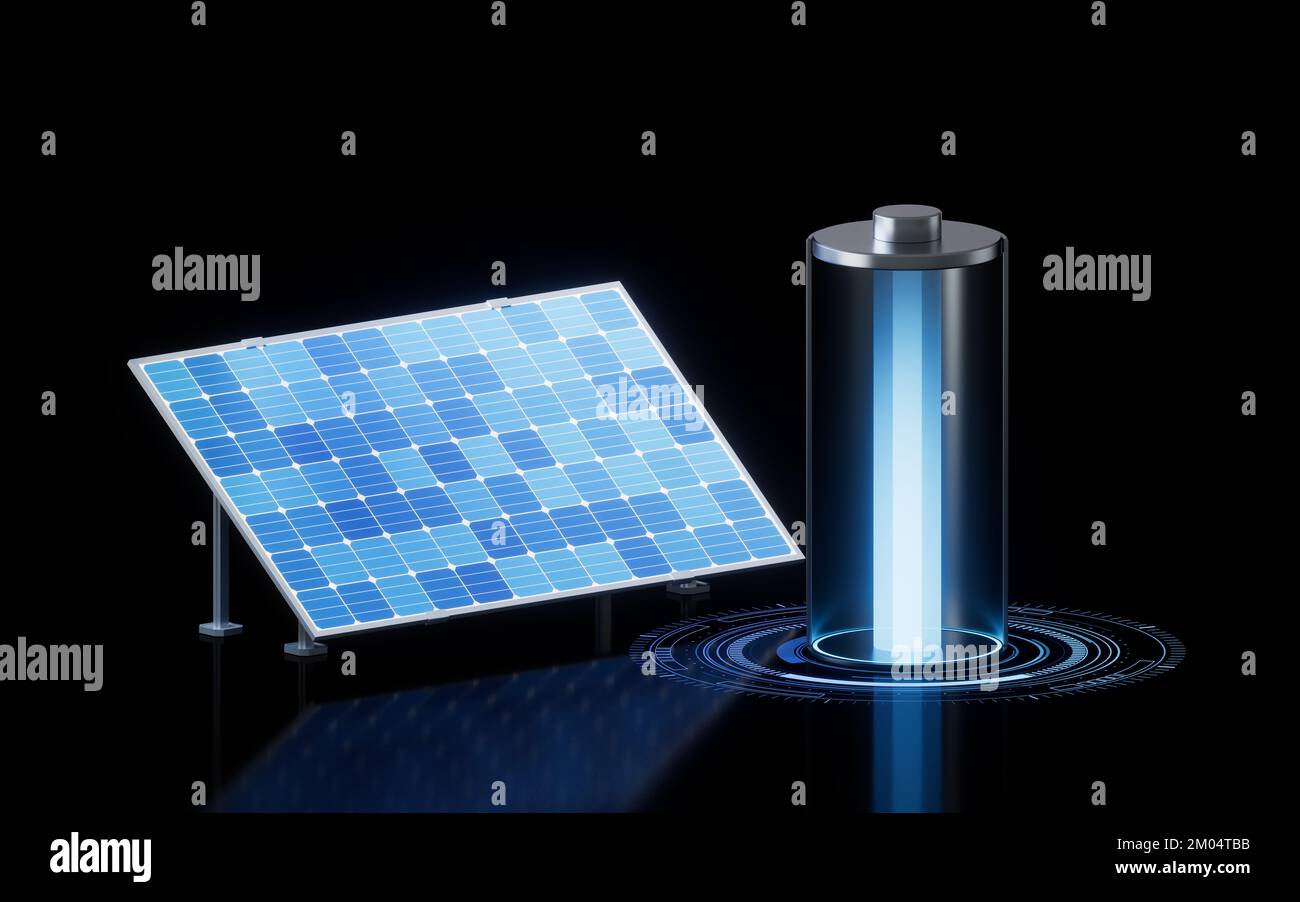 Solar panels and batteries, 3d rendering. Digital drawing Stock Photo ...