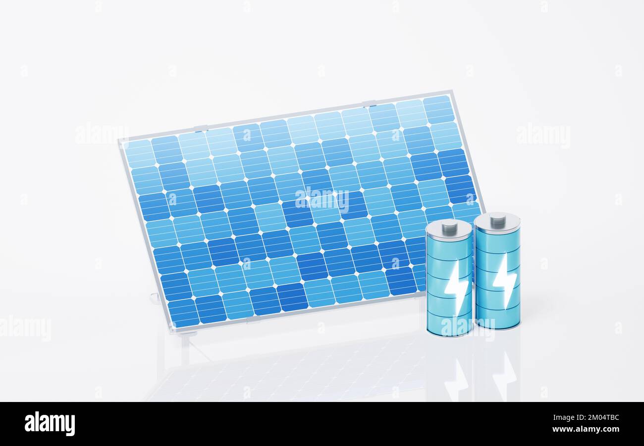 Solar panels and batteries, 3d rendering. Digital drawing Stock Photo ...