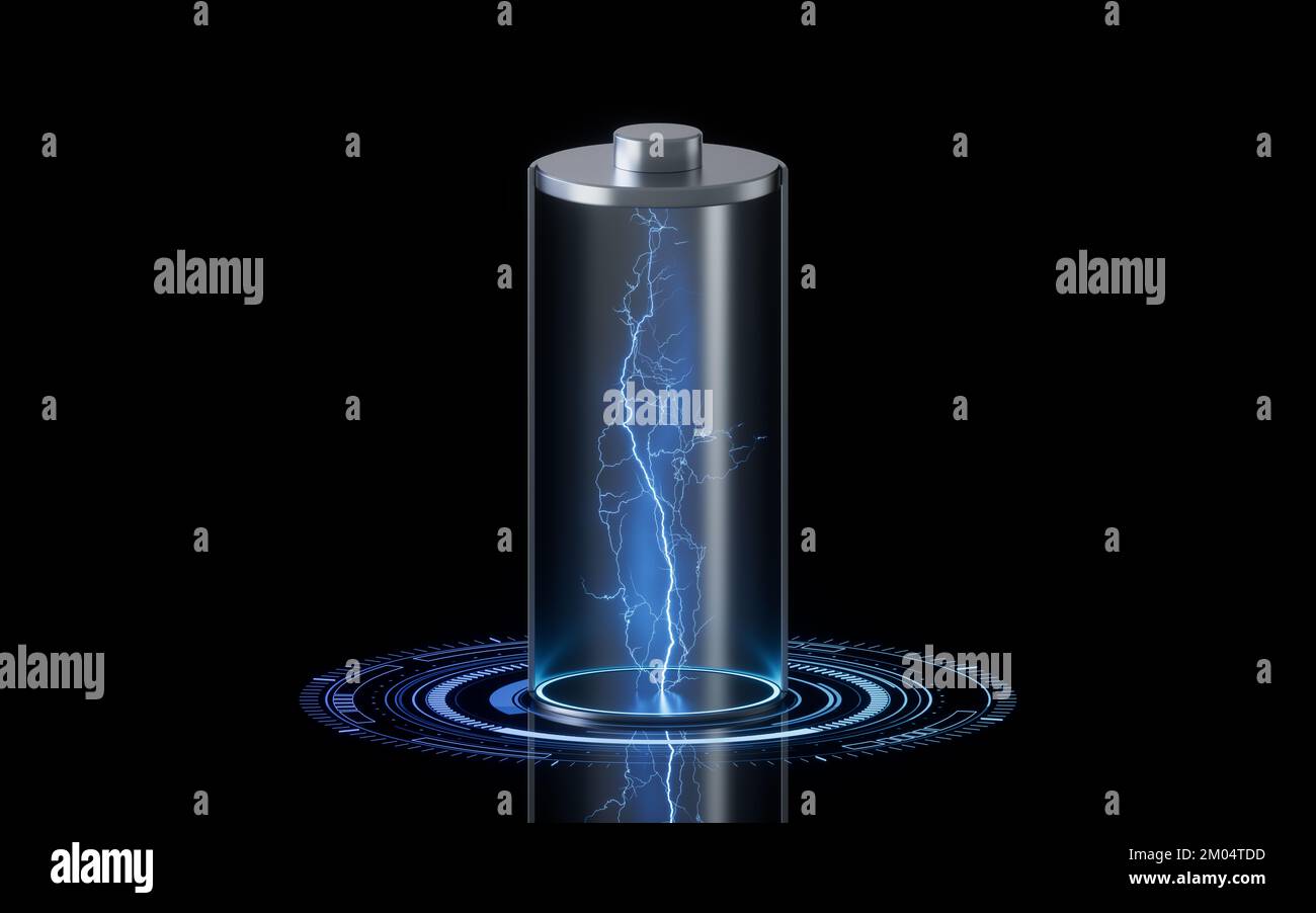3D fast charge battery on black background, energy technology concept ...
