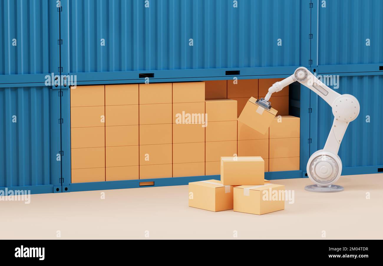 Mechanical arm and cardboard box, 3d rendering. Digital drawing Stock ...