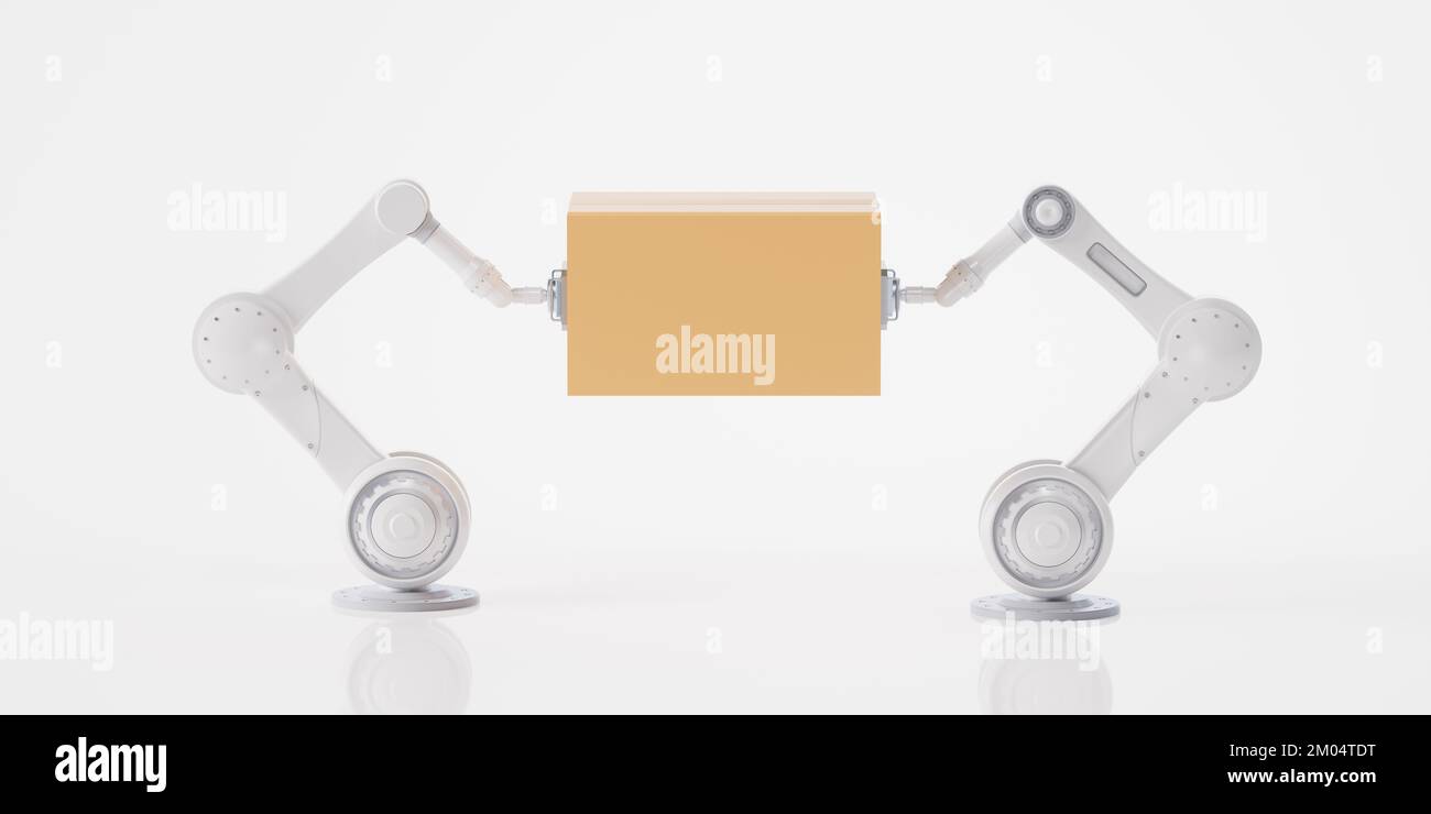 Mechanical arm and cardboard box, 3d rendering. Digital drawing Stock ...