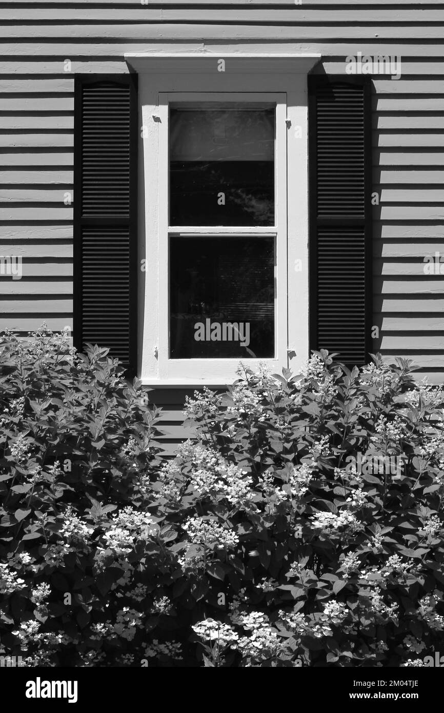 Traditional wooden cottage window on the wall of a house in a black and ...