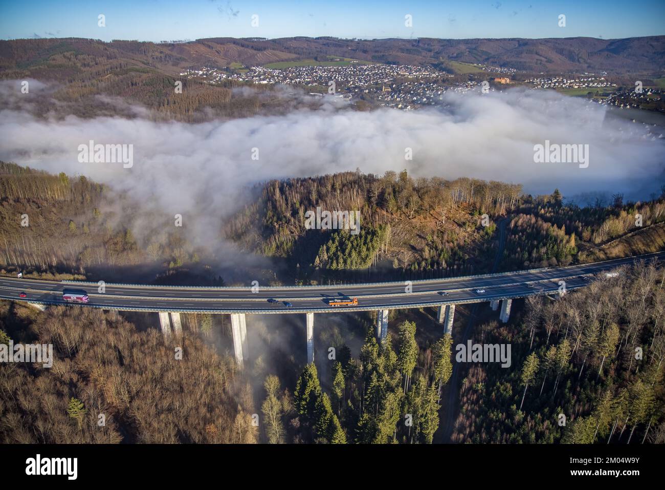 Aerial view, fog at Hünenburg viaduct of A46 freeway in Oeventrop ...