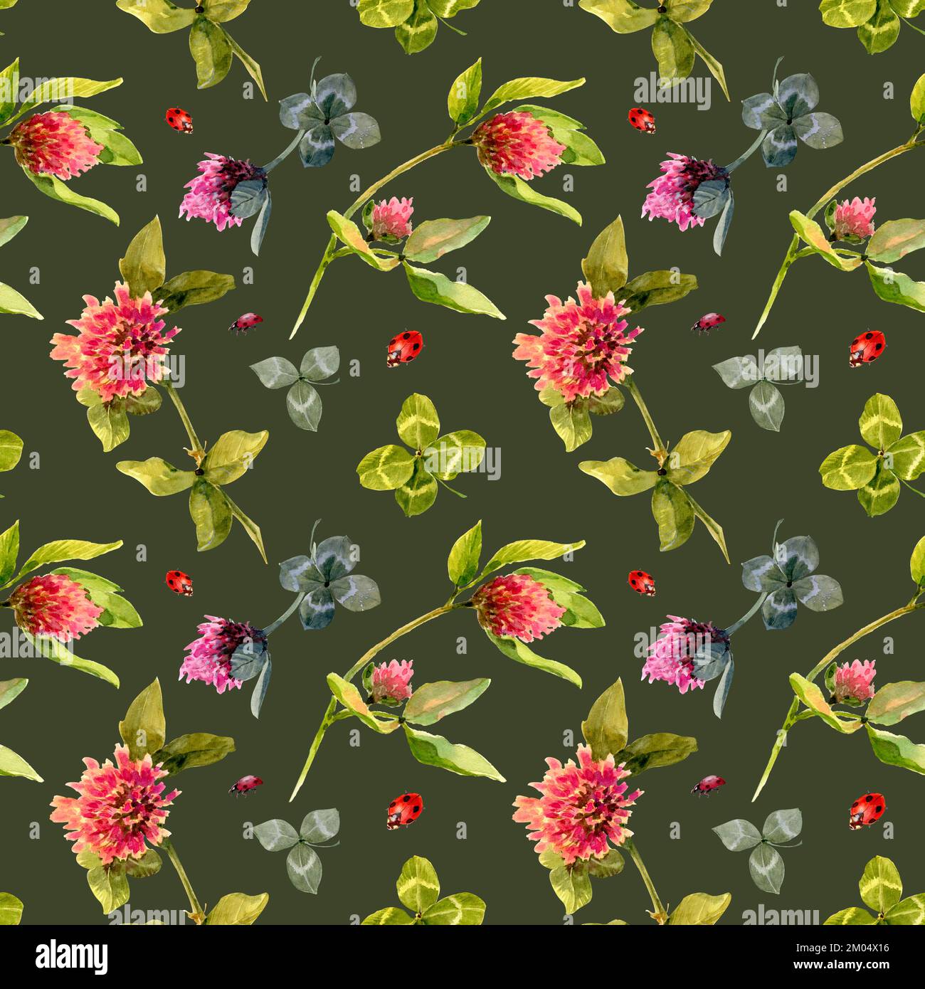 Watercolor seamless pattern, clover leaves and red beetle with black ...