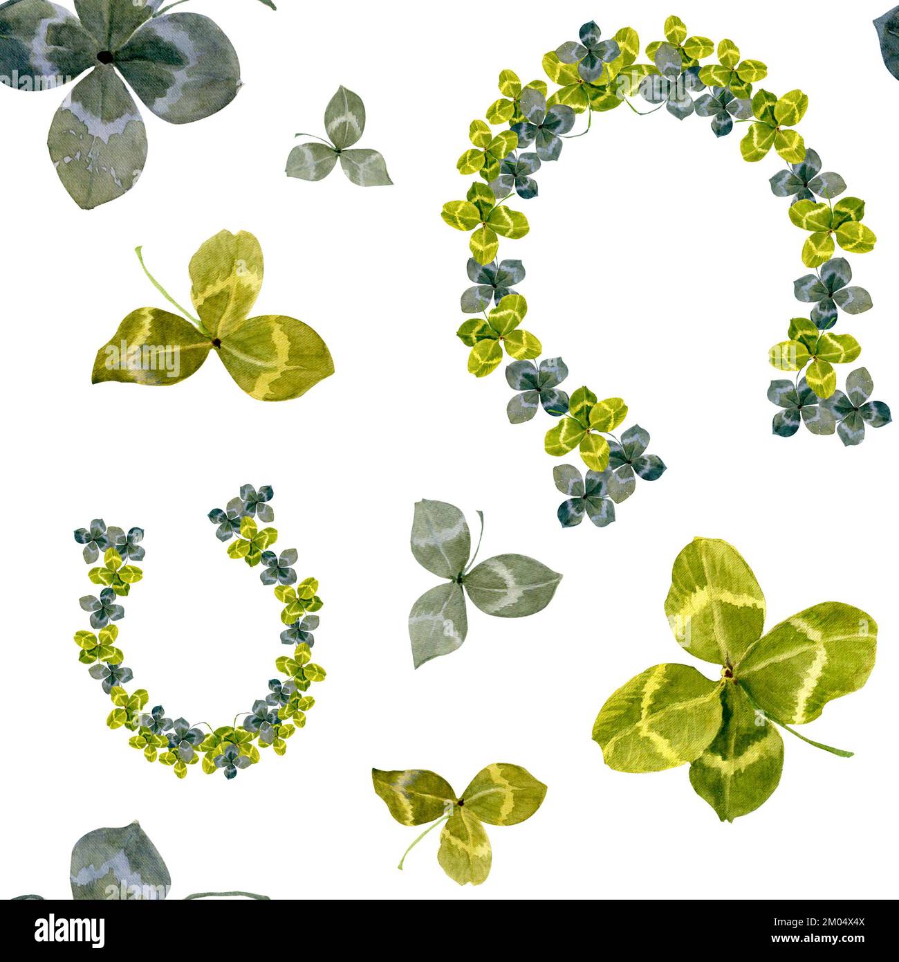 Watercolor seamless pattern, clover leaves horseshoe on white ...
