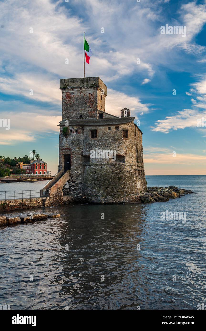 Ancient castle built on the bay of Rapallo on the Italian Riviera Stock ...