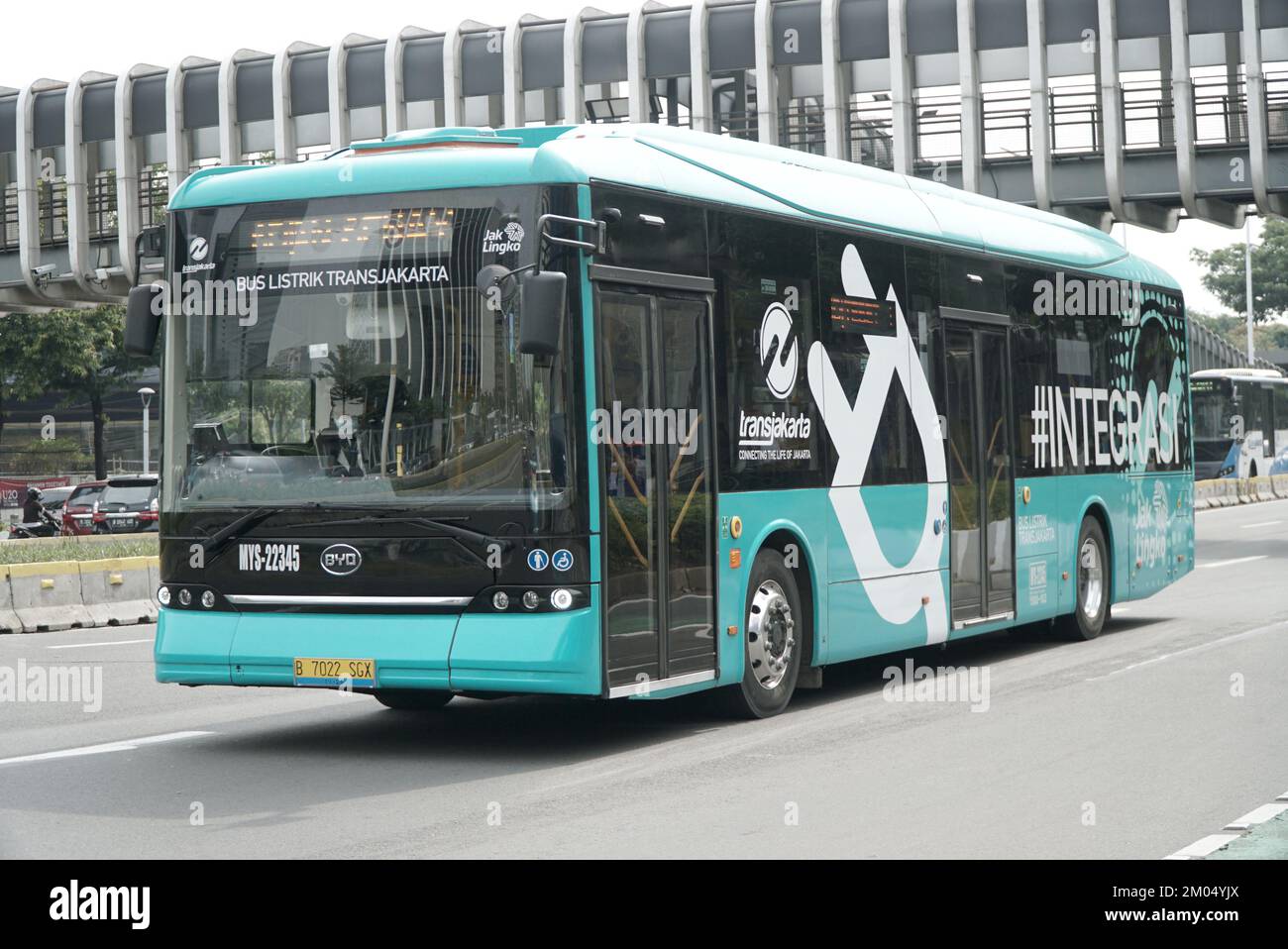 Trans Jakarta integration bus drive with Electric bus, on the Sudirman ...