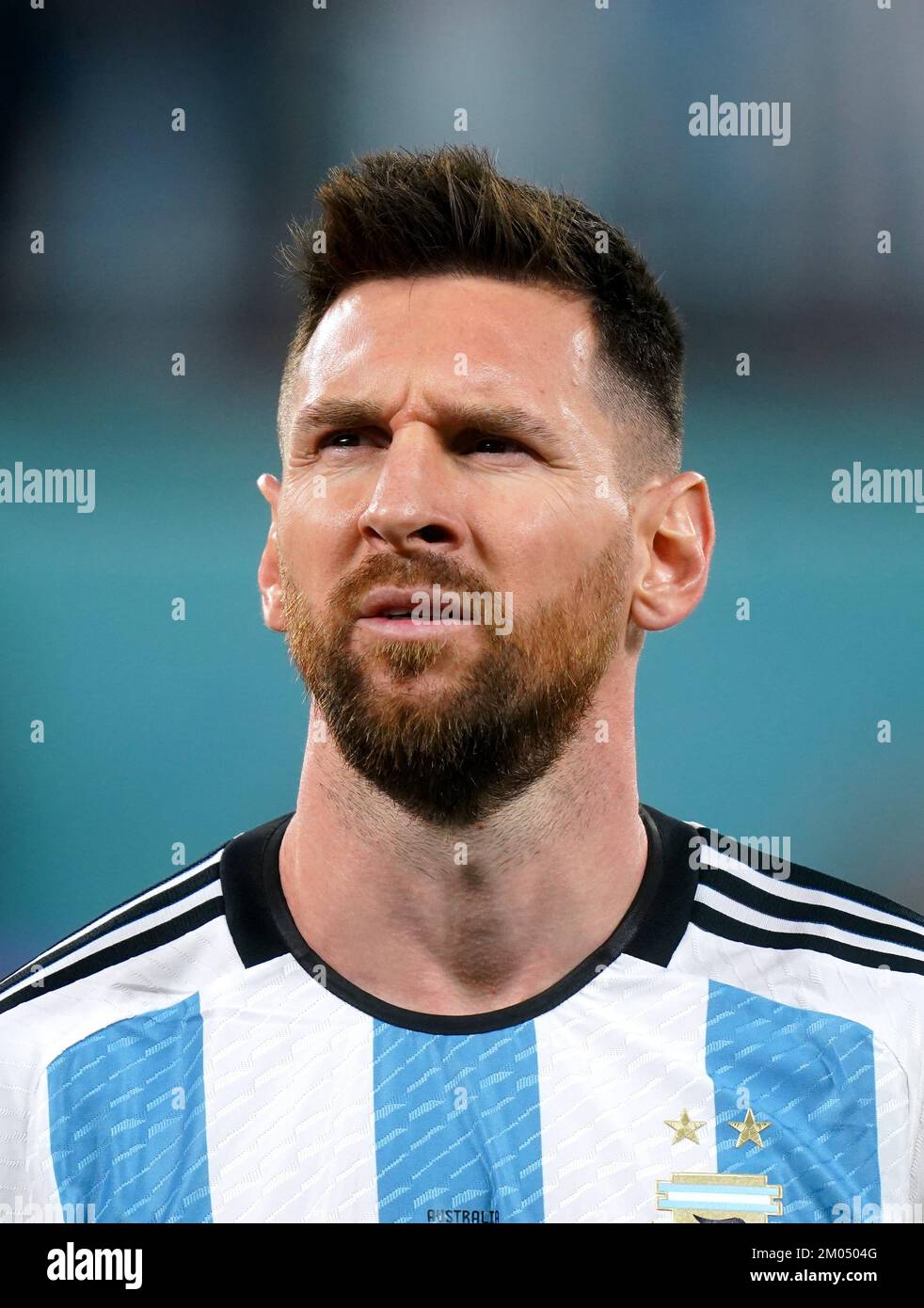 Argentina's Lionel Messi lines up on the pitch ahead of the FIFA World ...