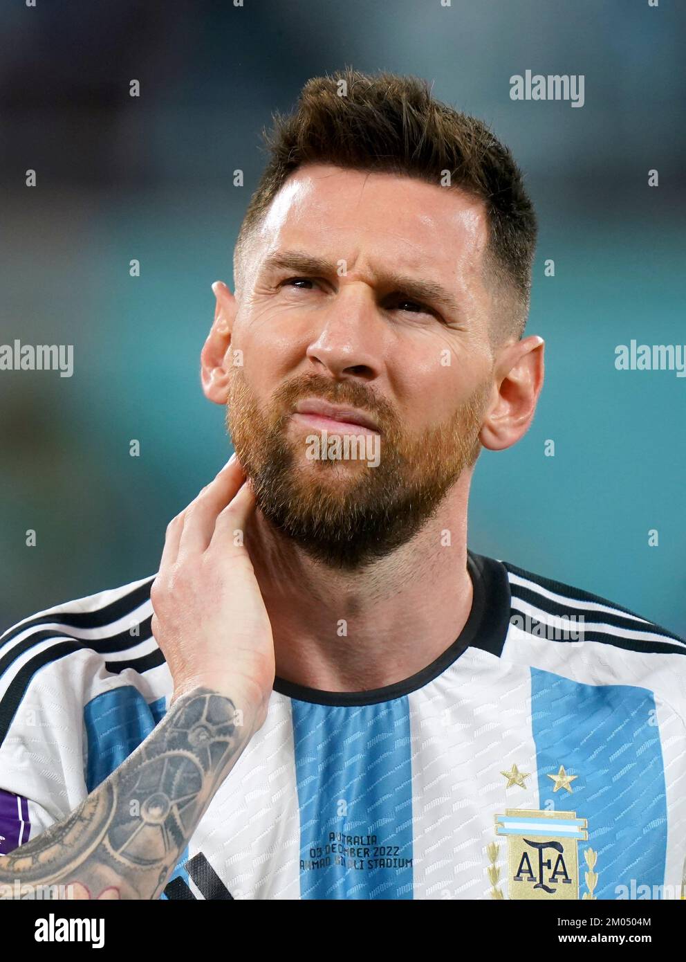Argentina's Lionel Messi lines up on the pitch ahead of the FIFA World ...