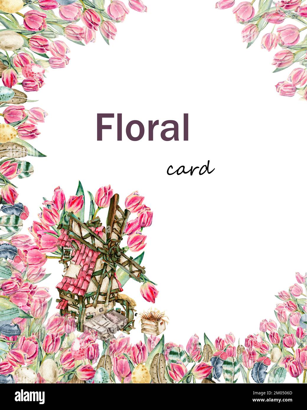 Hand drawn watercolor card template with pink tulips. Illustration of ...