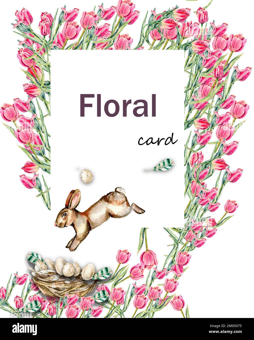 Hand drawn watercolor card template with pink tulips. Illustration of ...