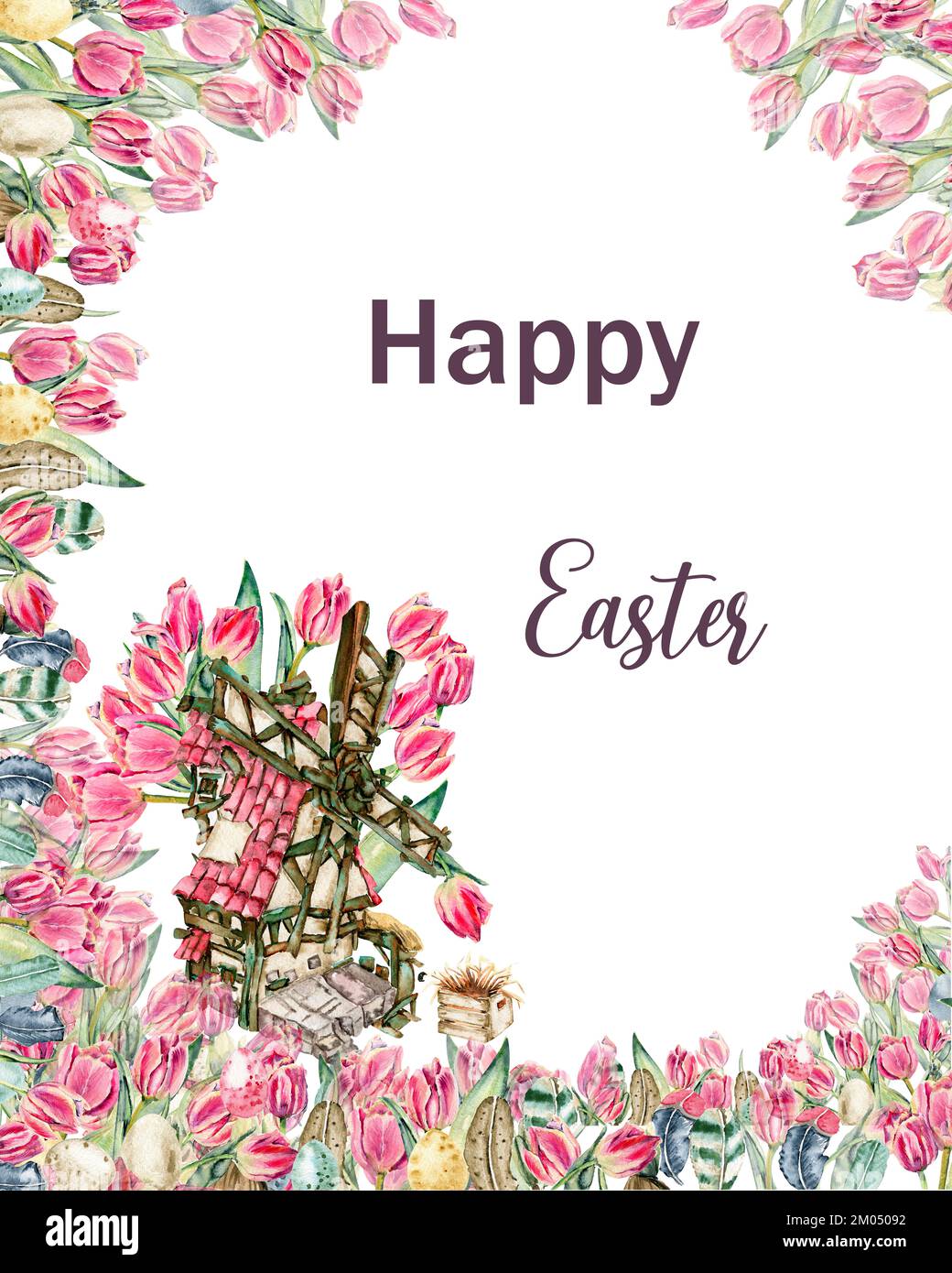 Hand drawn watercolor card template with pink tulips. Illustration of ...