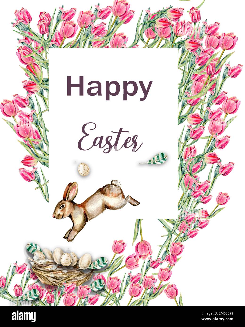 Hand drawn watercolor card template with pink tulips. Illustration of ...