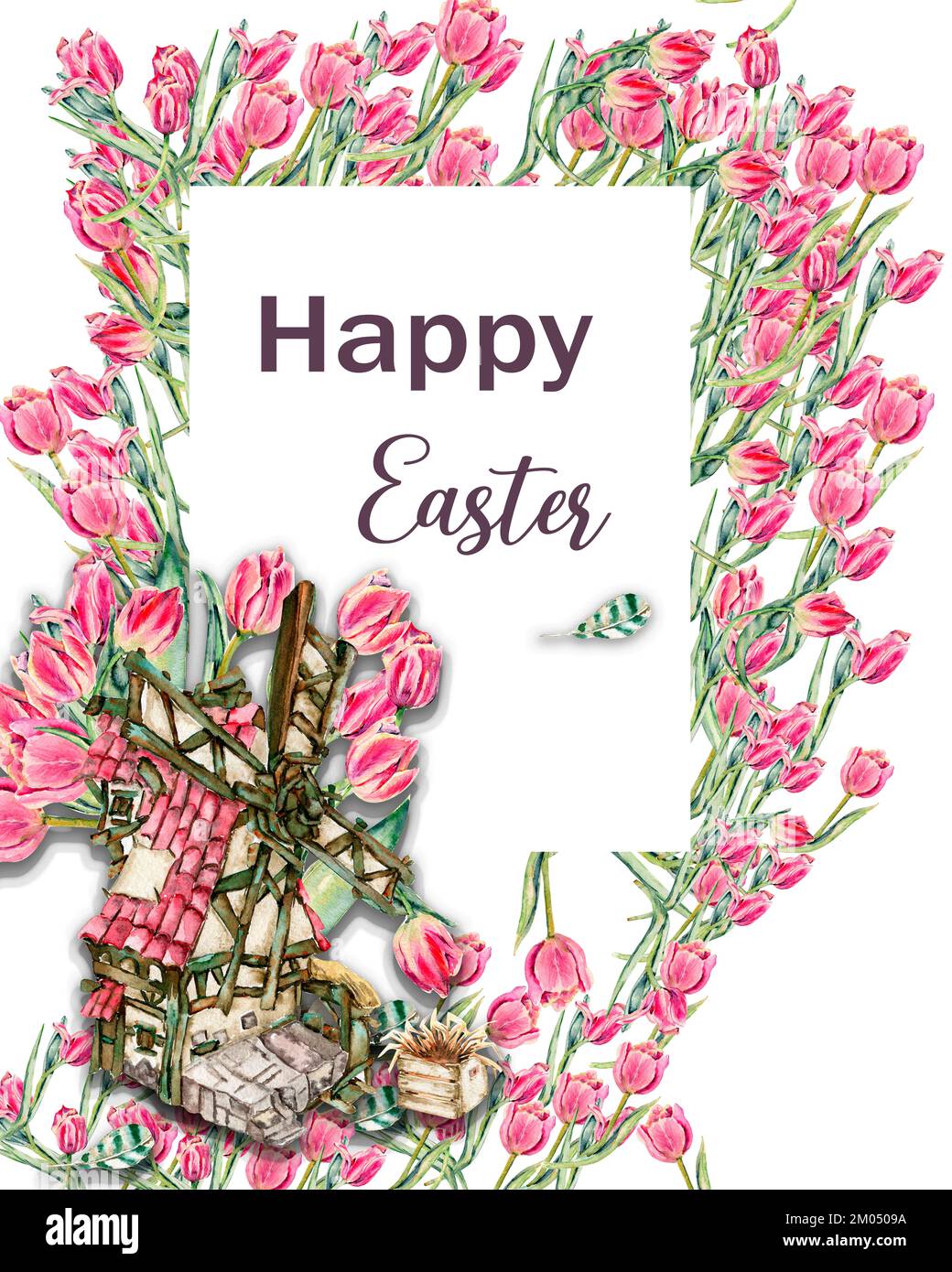 Hand drawn watercolor card template with pink tulips. Illustration of ...