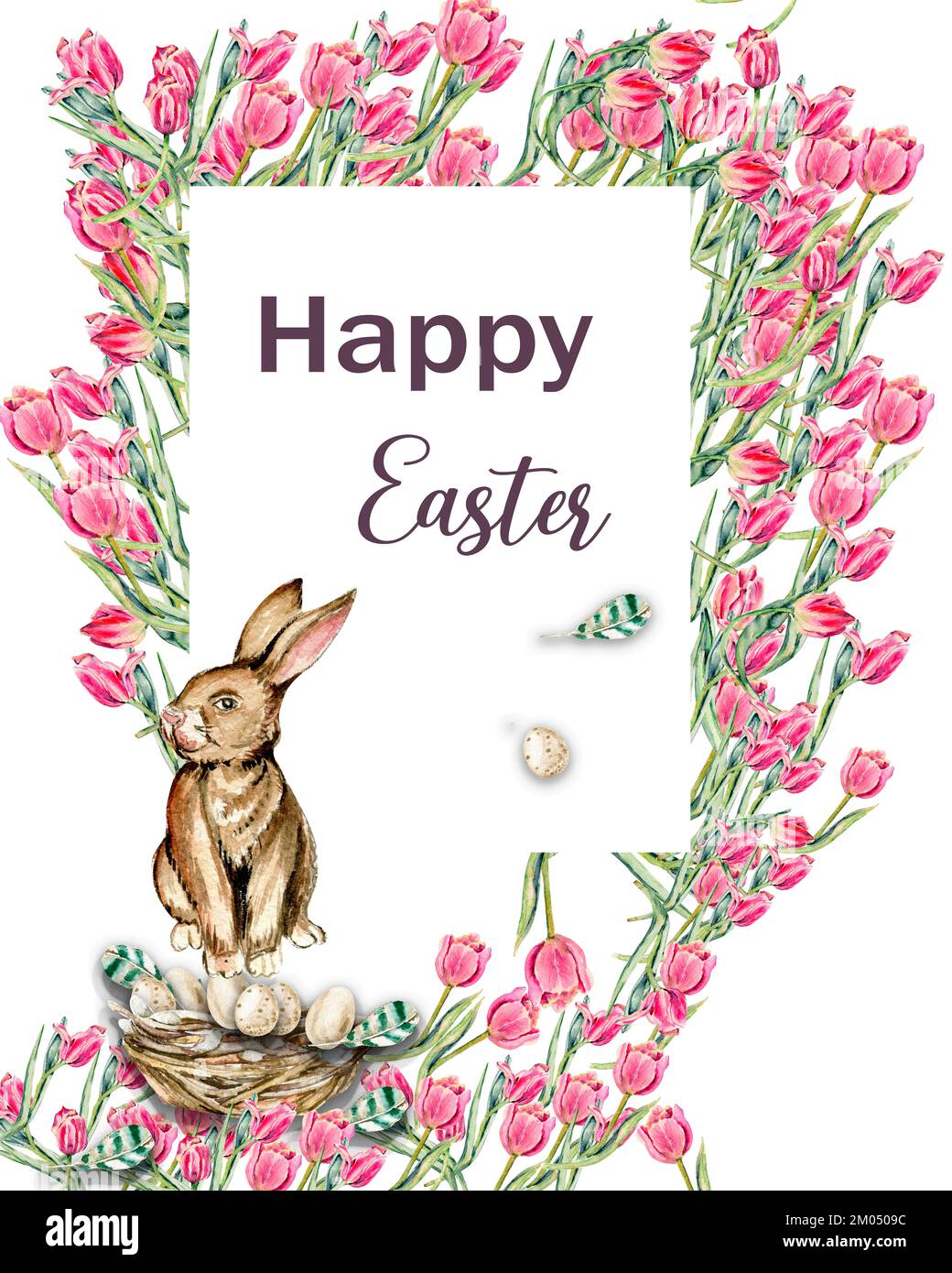 Hand drawn watercolor card template with pink tulips. Illustration of ...