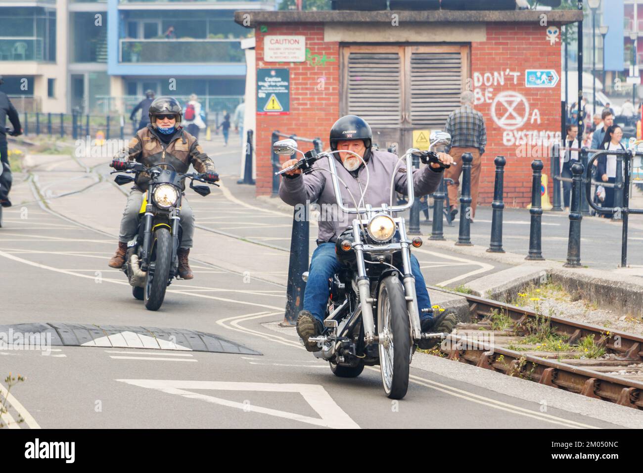 older bikers on lo-rise easy rider chopper motorcycle in bristol docks ...