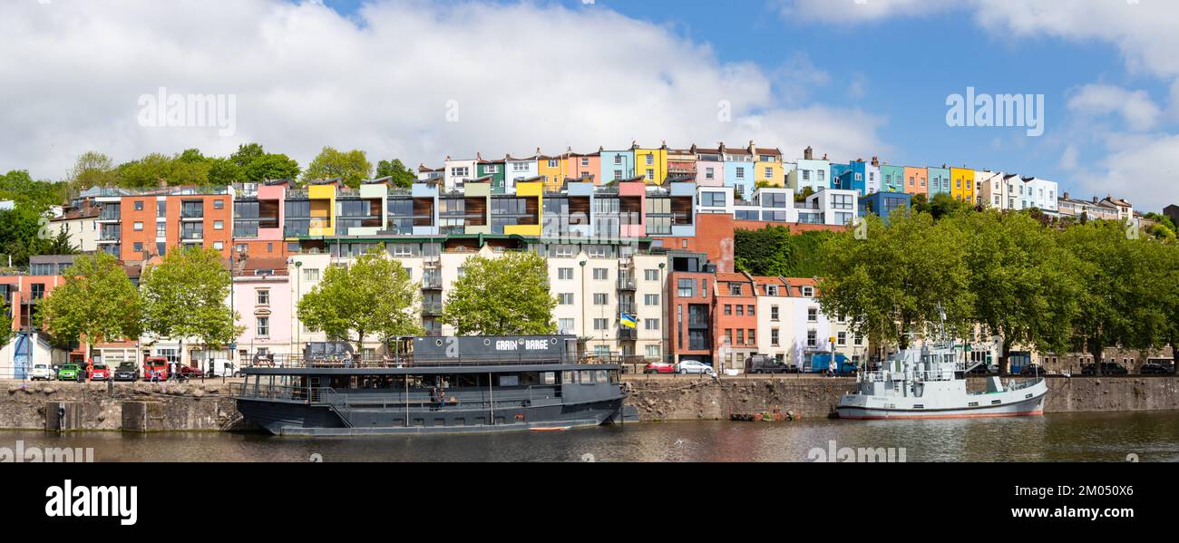 panorama colourful painted houses by the waterside at Bristol Docks ...