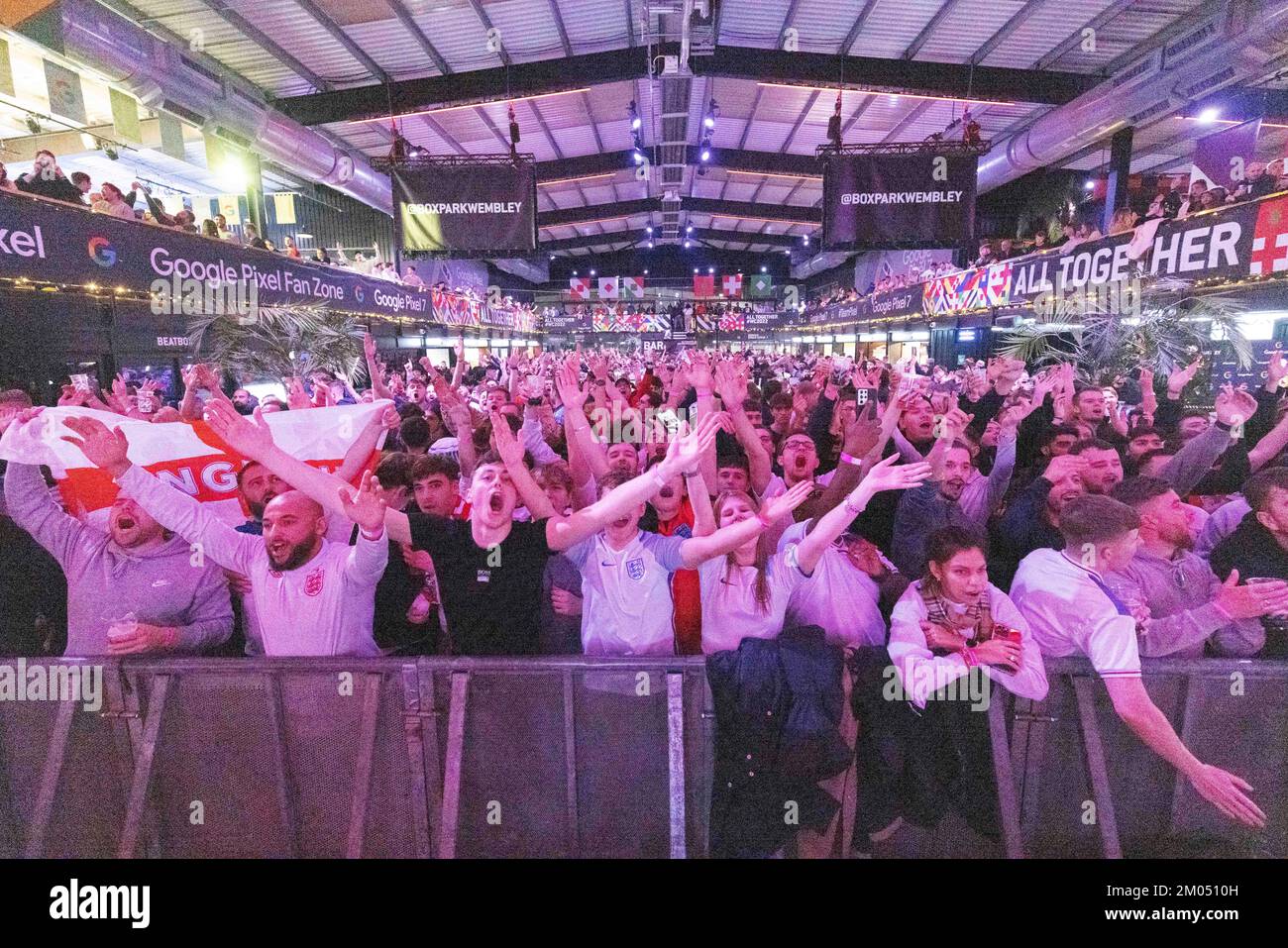 Football fans in support of England team gather at Boxpark Wembley to ...