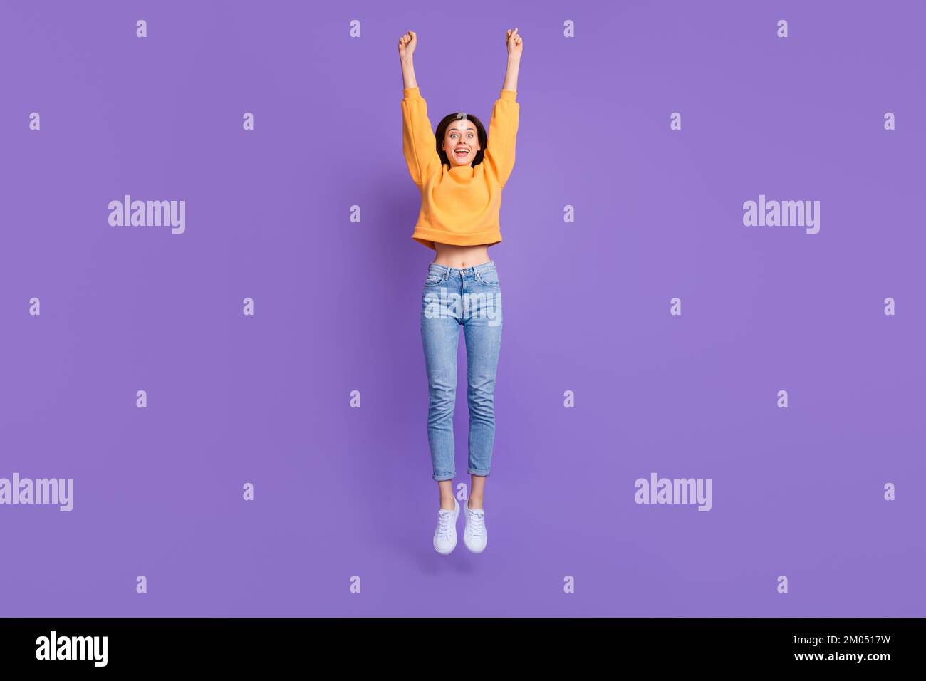 Full body length photo of young excited crazy girl arms up celebrate ...