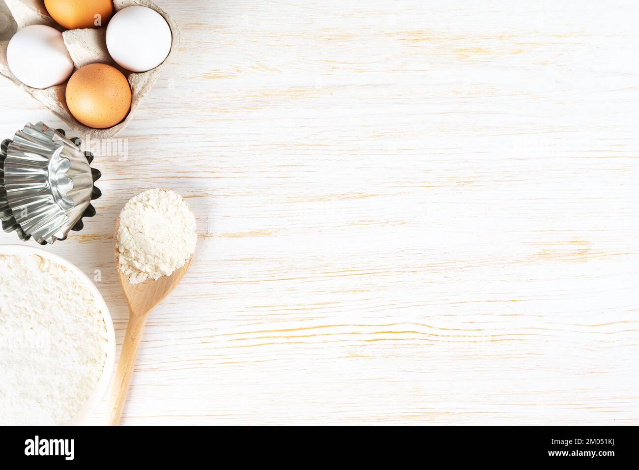 Baking cooking Ingredients background with copy space. Flour, eggs ...