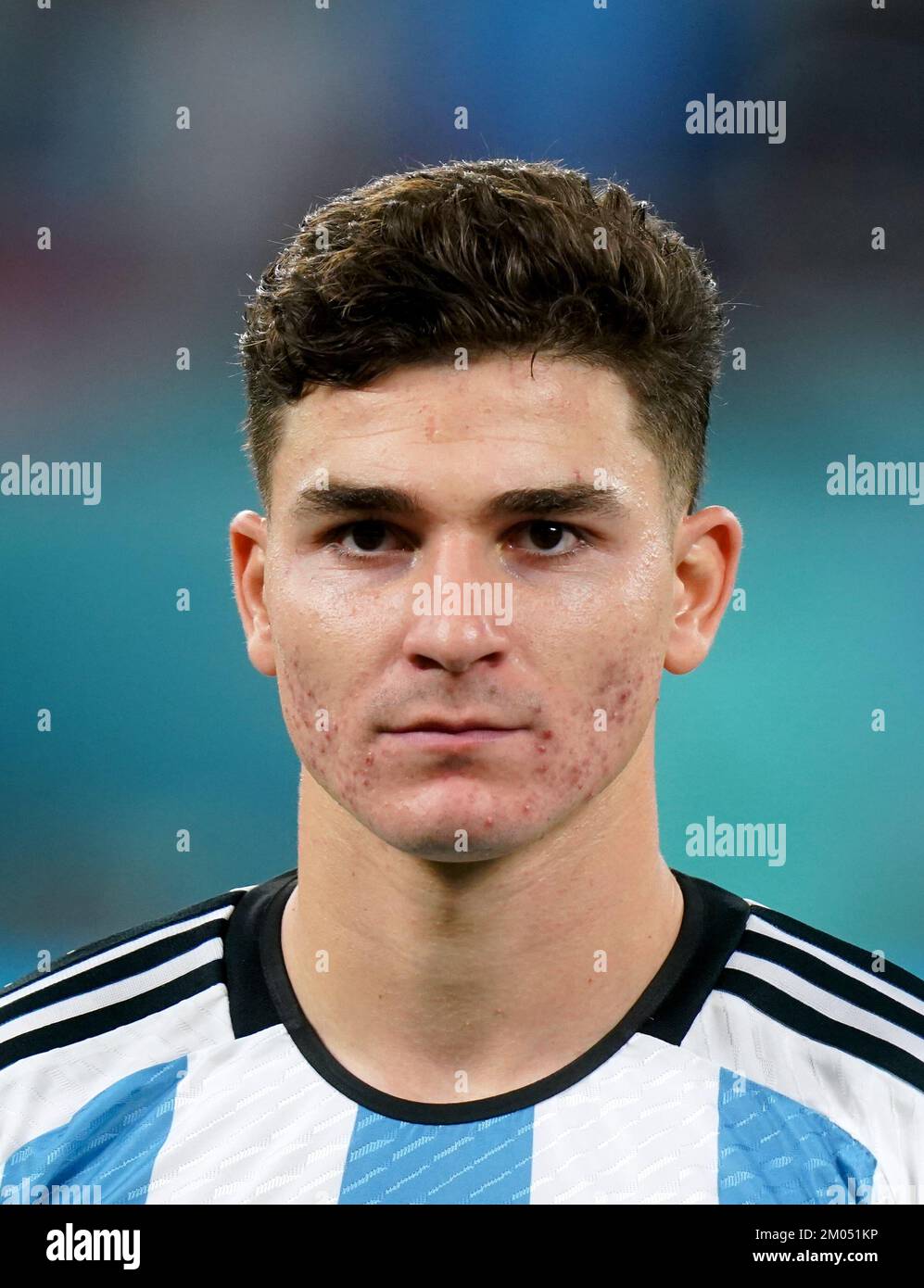 Argentina's Julian Alvarez lines up on the pitch ahead of the FIFA ...