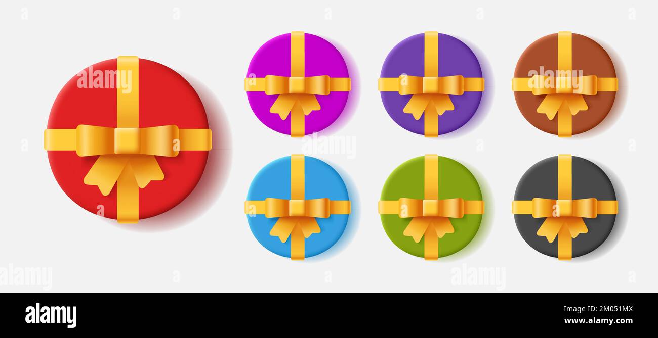 Set of round shaped gift boxes in different colors with golden bow and ...