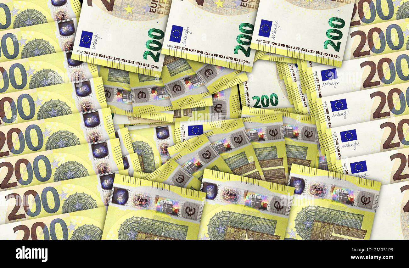 Euro banknotes in a cash fan mosaic pattern. European Union 200 EUR ...