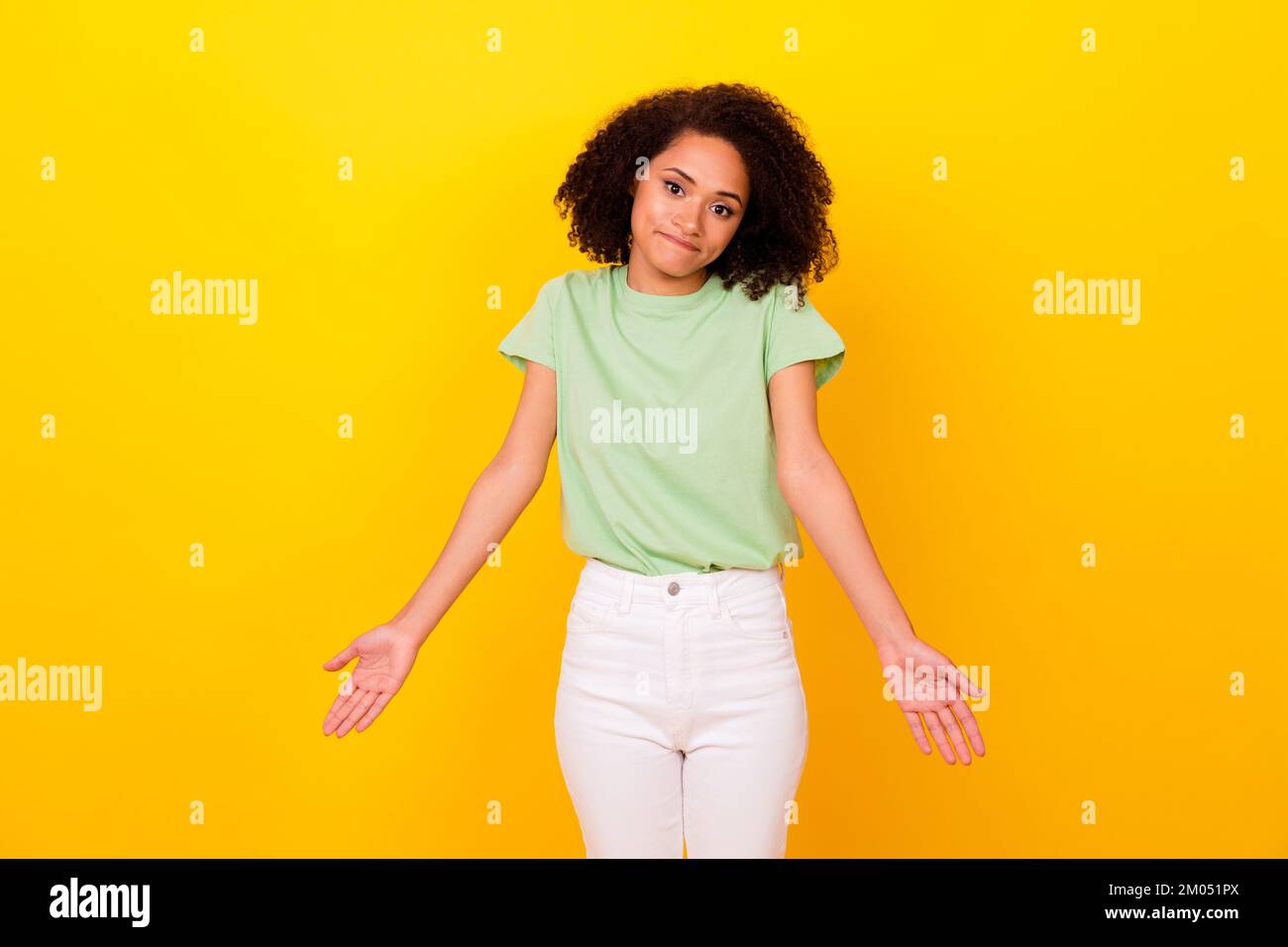 Photo of young pretty attractive nice cute woman hands palms unhappy ...