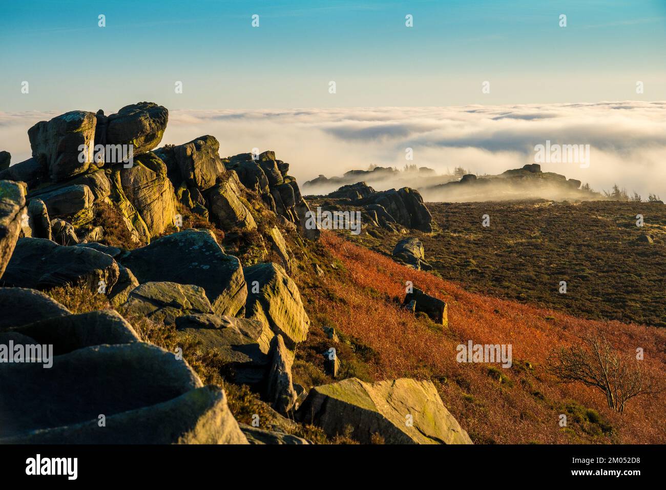 The Roaches ridge with autumn mists below, Peak District National Park ...