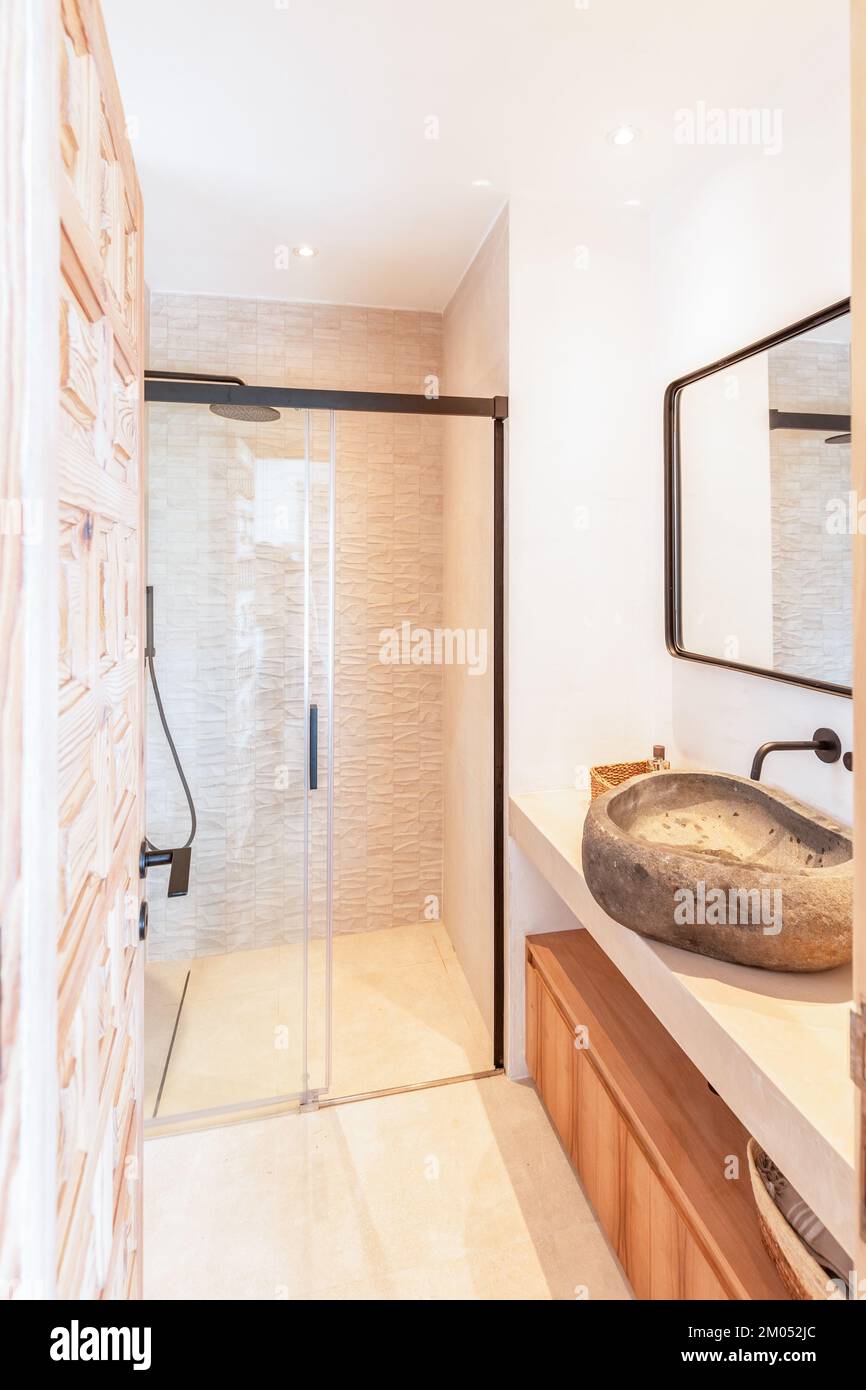 Lavatory in Mediterranean villa bedroom, inlaid wooden entrance door ...