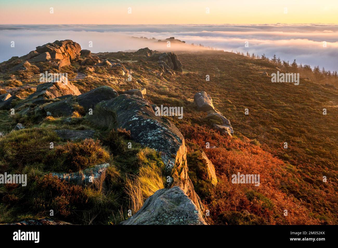 The Roaches ridge with autumn mists below, Peak District National Park ...