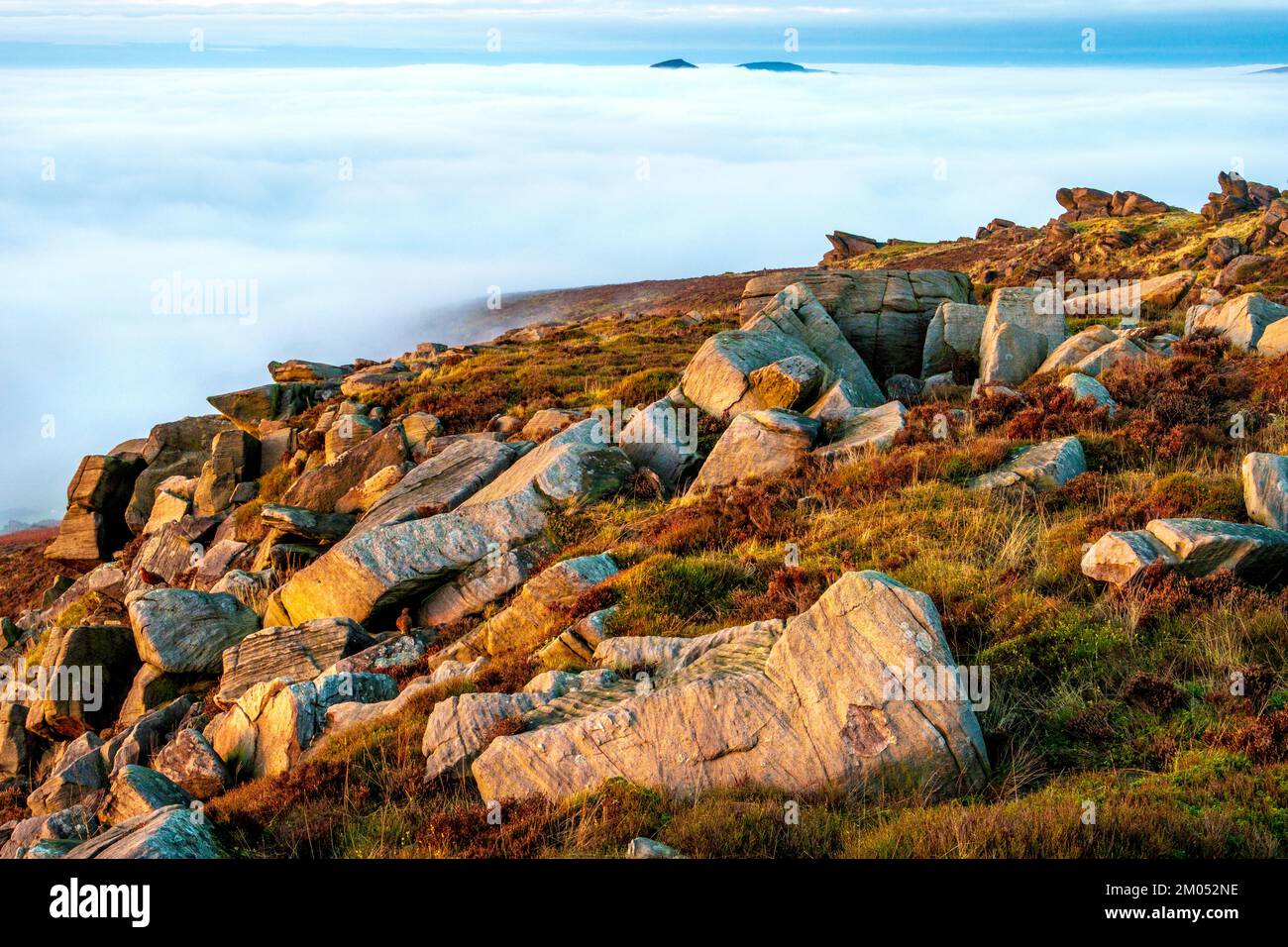 The Roaches ridge with autumn mists below, Peak District National Park ...