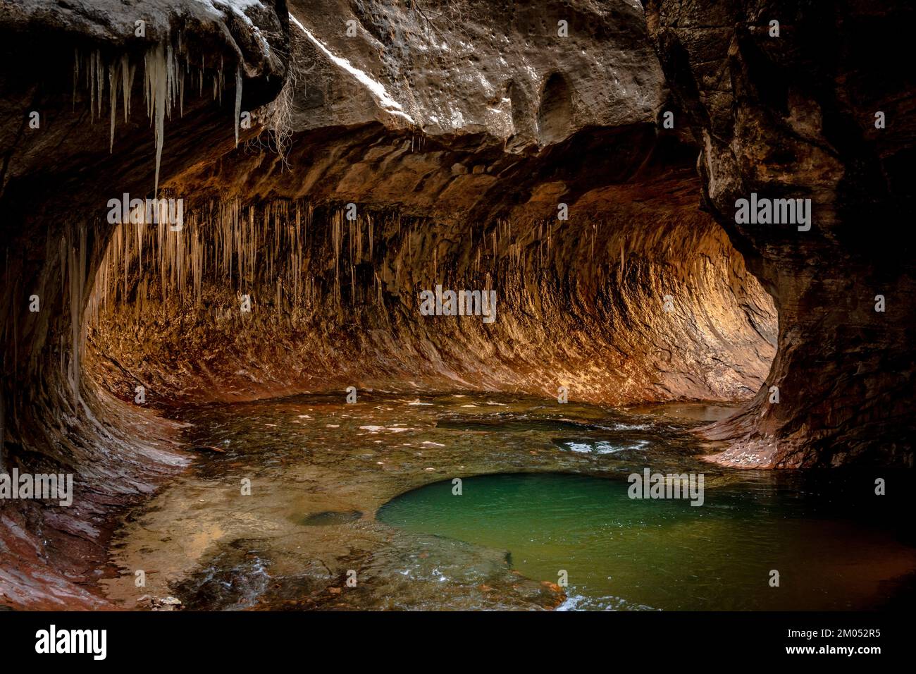 Blue Pool of Water and Golden Light in the Subway Canyon in Zion Stock ...