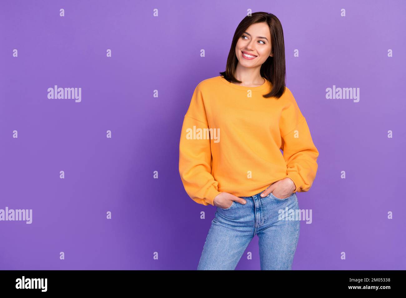 Photo of sweet pretty lovely girl toothy smile dressed stylish outfit ...