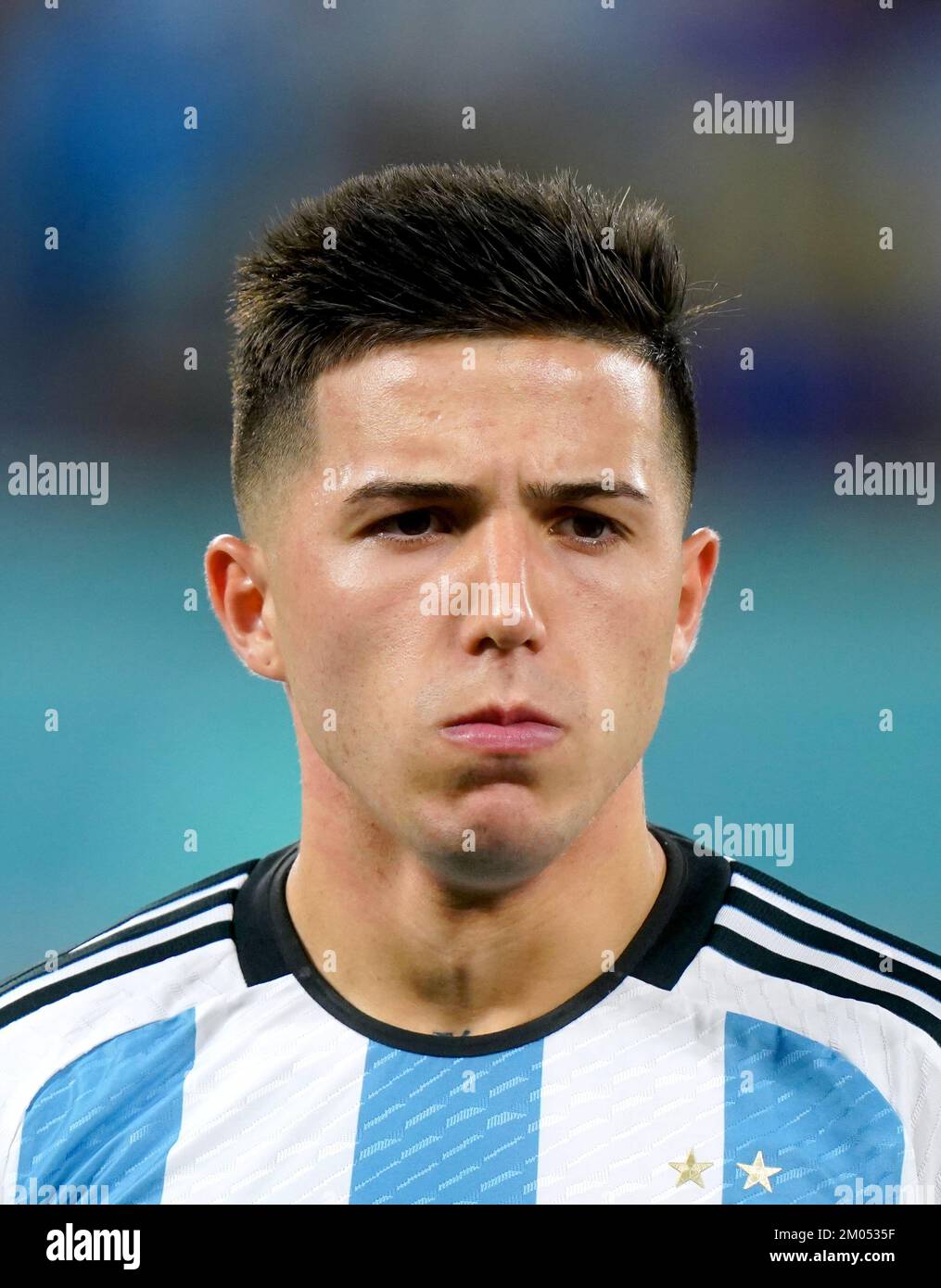 Argentina's Enzo Fernandez lines up on the pitch ahead of the FIFA ...