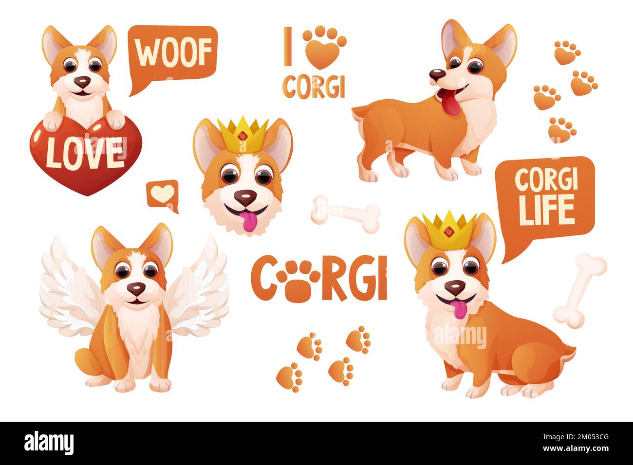 Set corgi dog stickers with crown, wings, sitting, adorable pet ...