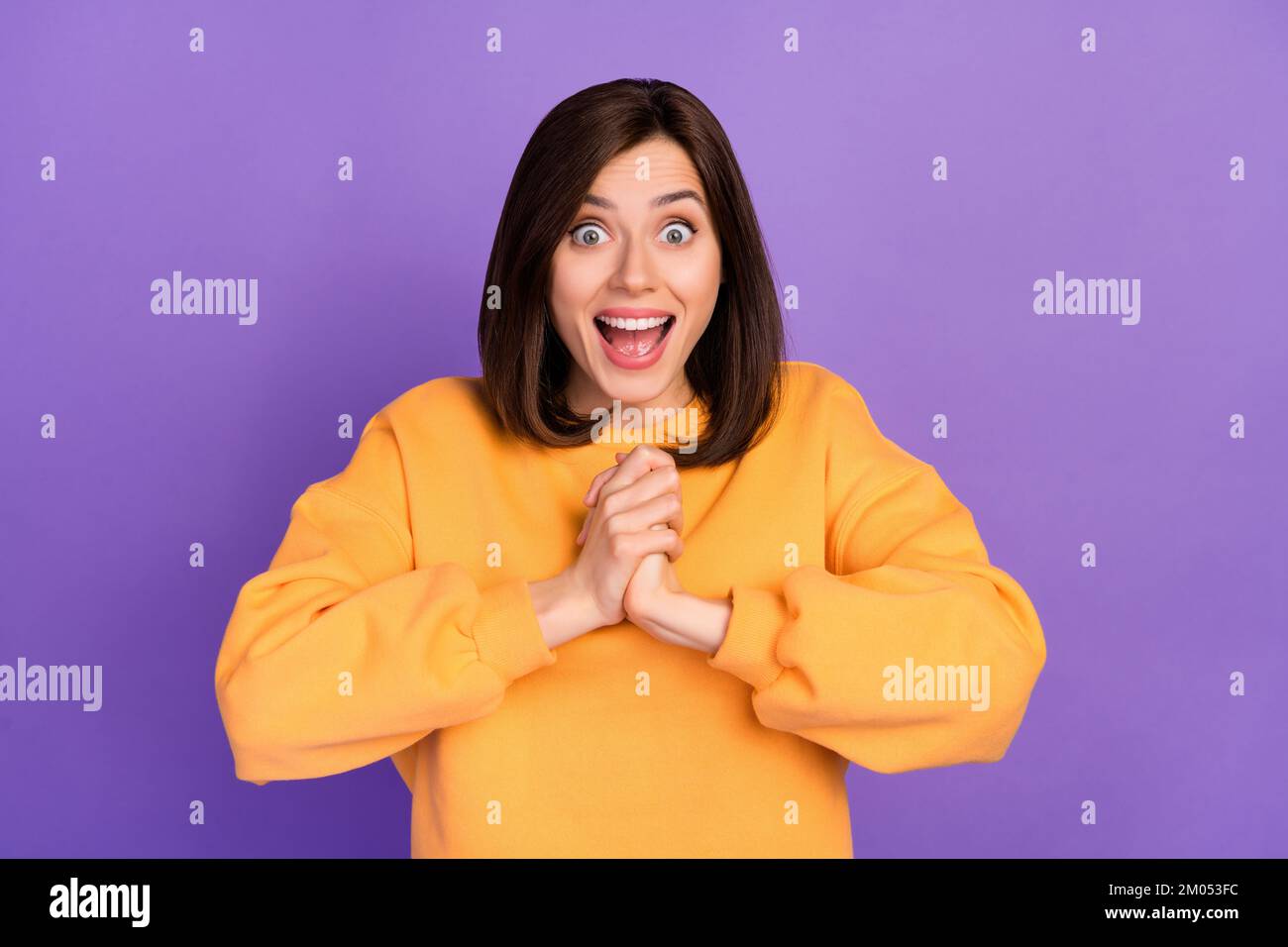 Photo of young adorable pretty cute woman wear orange sweater excited ...