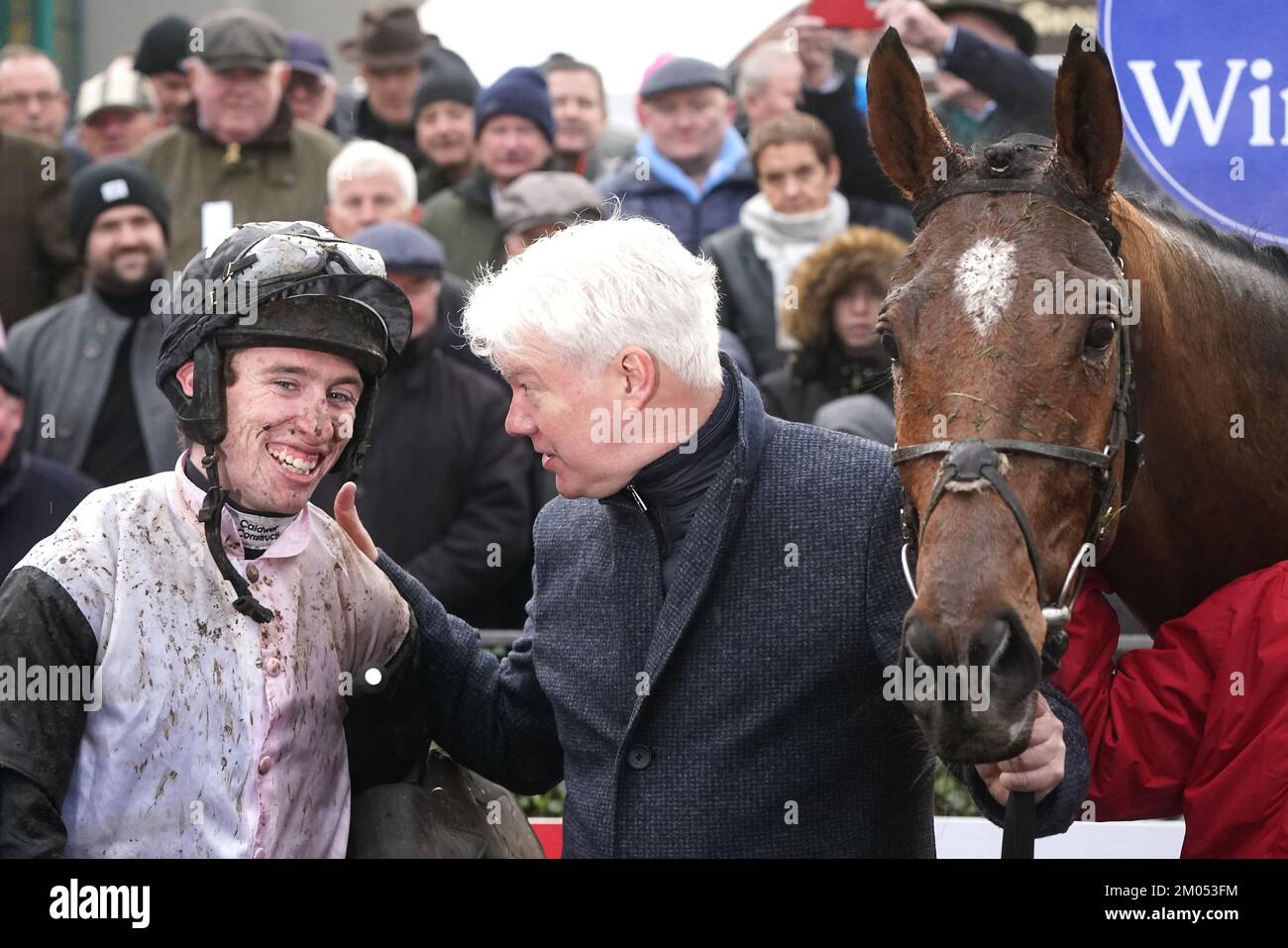Jockey Jack Kennedy (left) and owner Brian Acheson celebrate with horse ...
