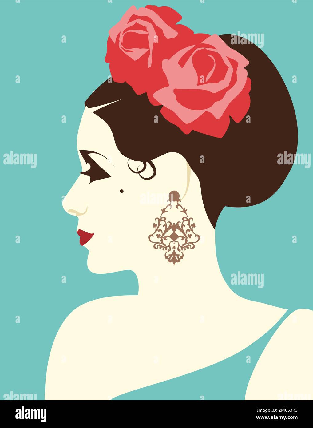 Side view stylized portrait of beautiful Spanish woman with flowers in ...