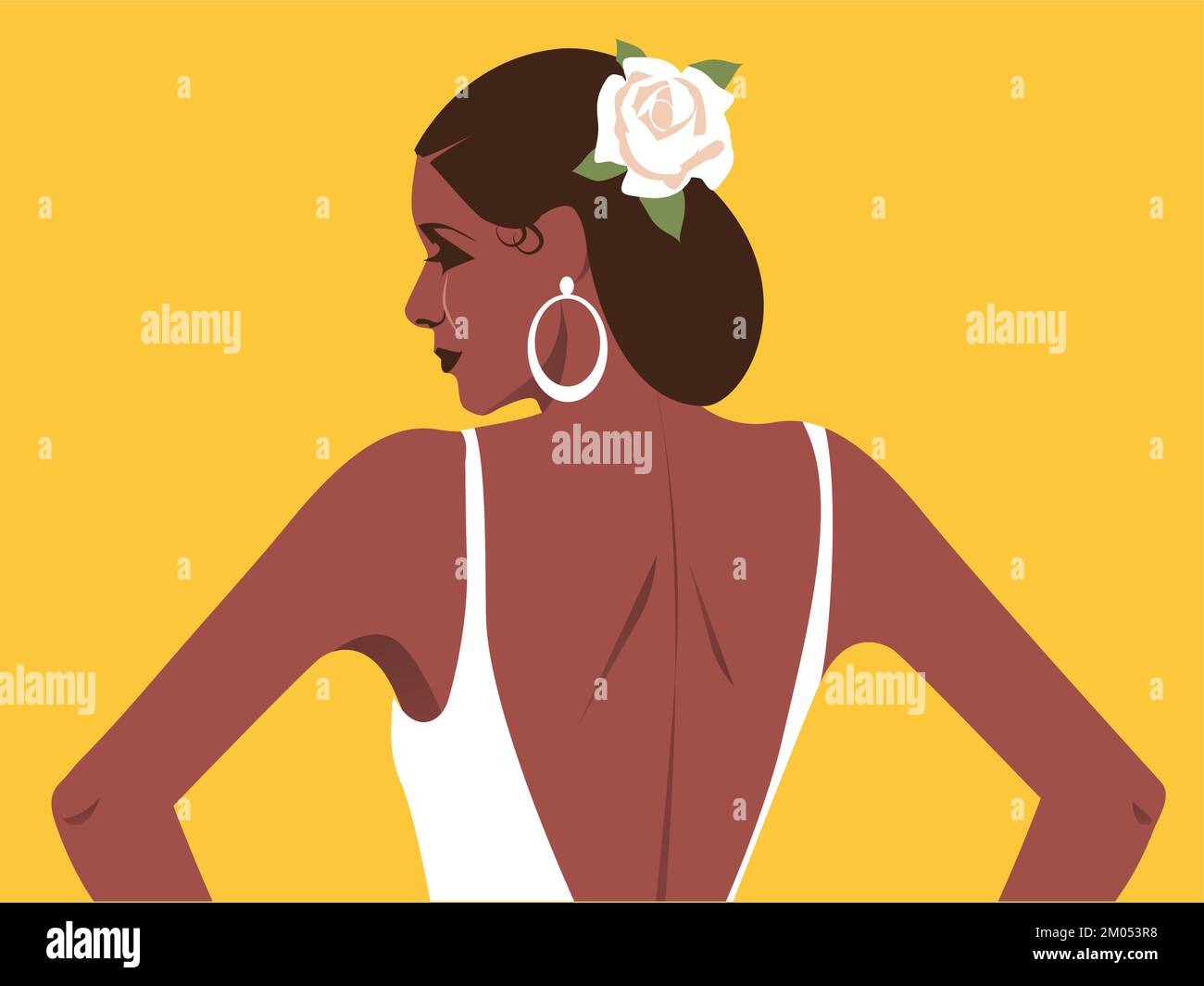 Side view stylized portrait of beautiful Spanish woman with flowers in ...