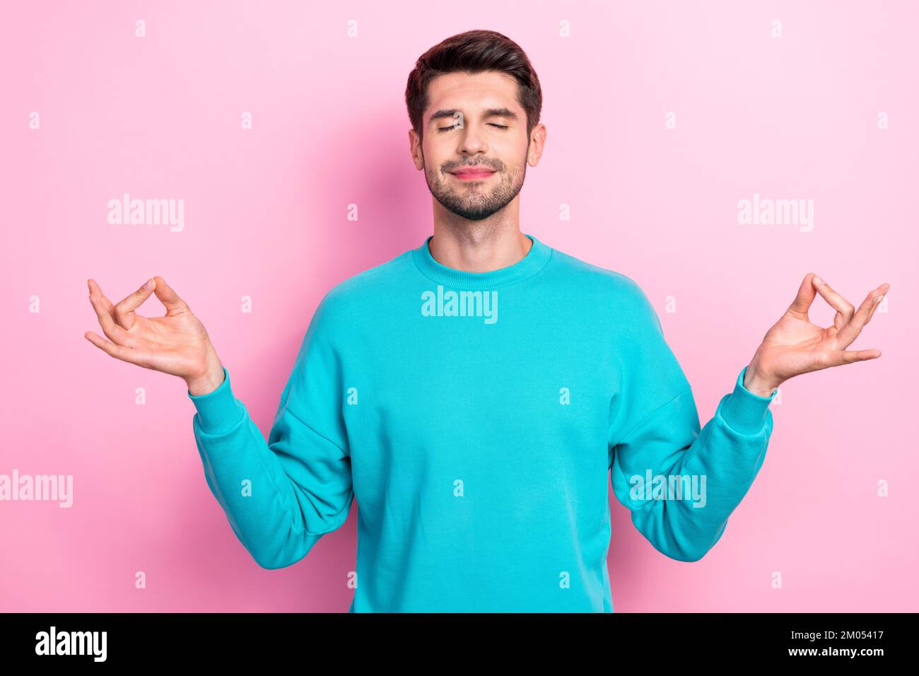 Photo of young handsome relaxed student guy wear blue pullover showing ...